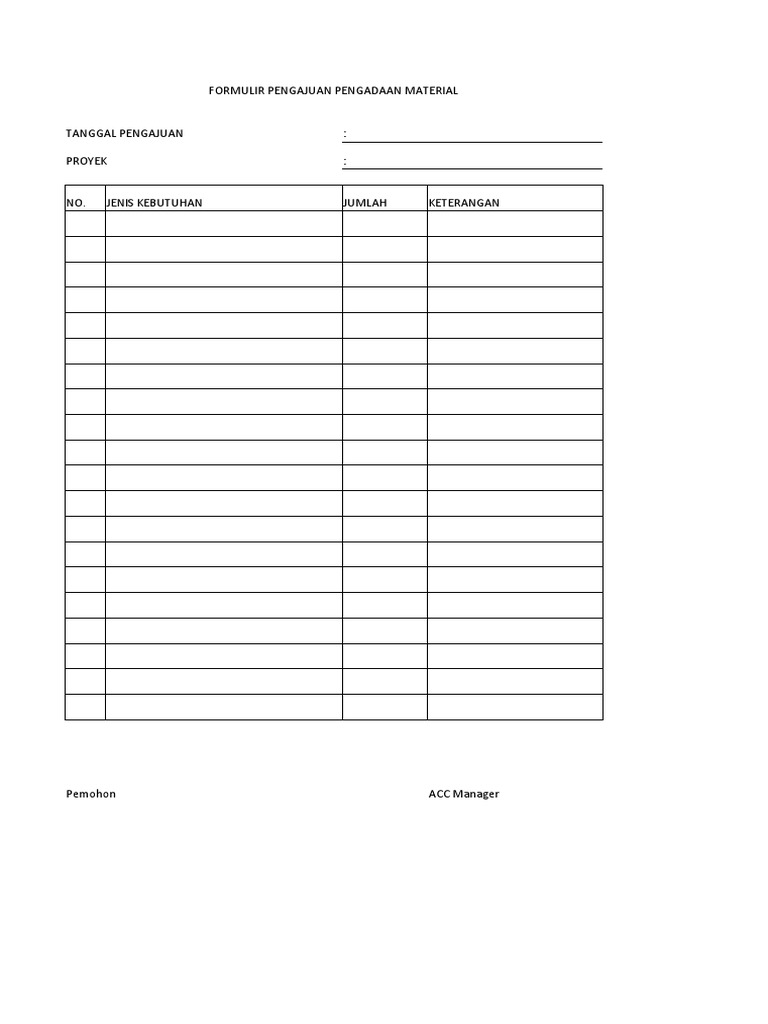 Formulir Pengajuan Pengadaan Material Tanggal Pengajuan: Proyek: NO ...