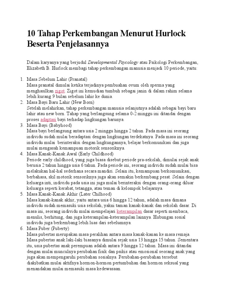 10 Tahap Perkembangan Menurut Hurlock Beserta Penjelasannya | PDF