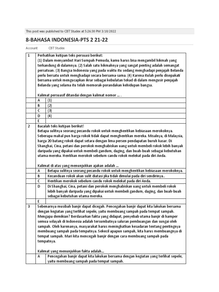 8-Bahasa Indonesia-Pts 2 21-22: Account CBT Studex | PDF