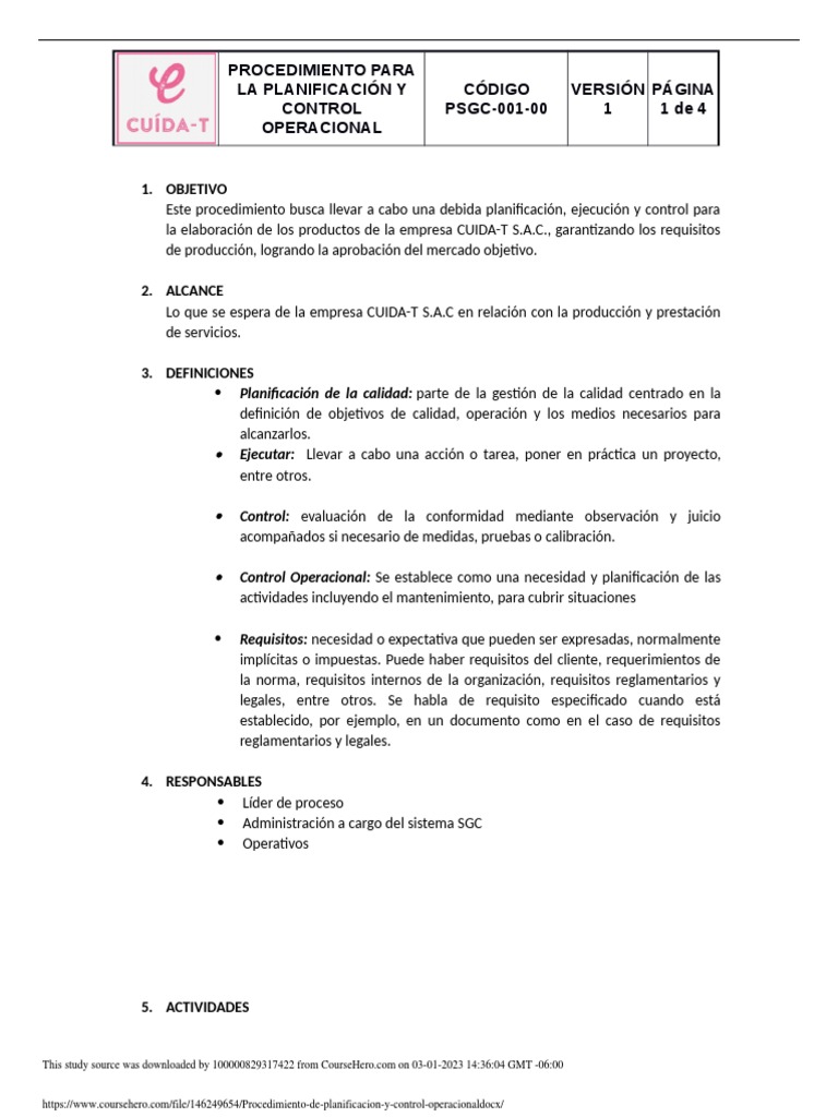 Procedimiento de Planificacion y Control Operacional | PDF | Calidad ... Procedimiento de Planificacion y Control Operacional | PDF | Calidad ...
