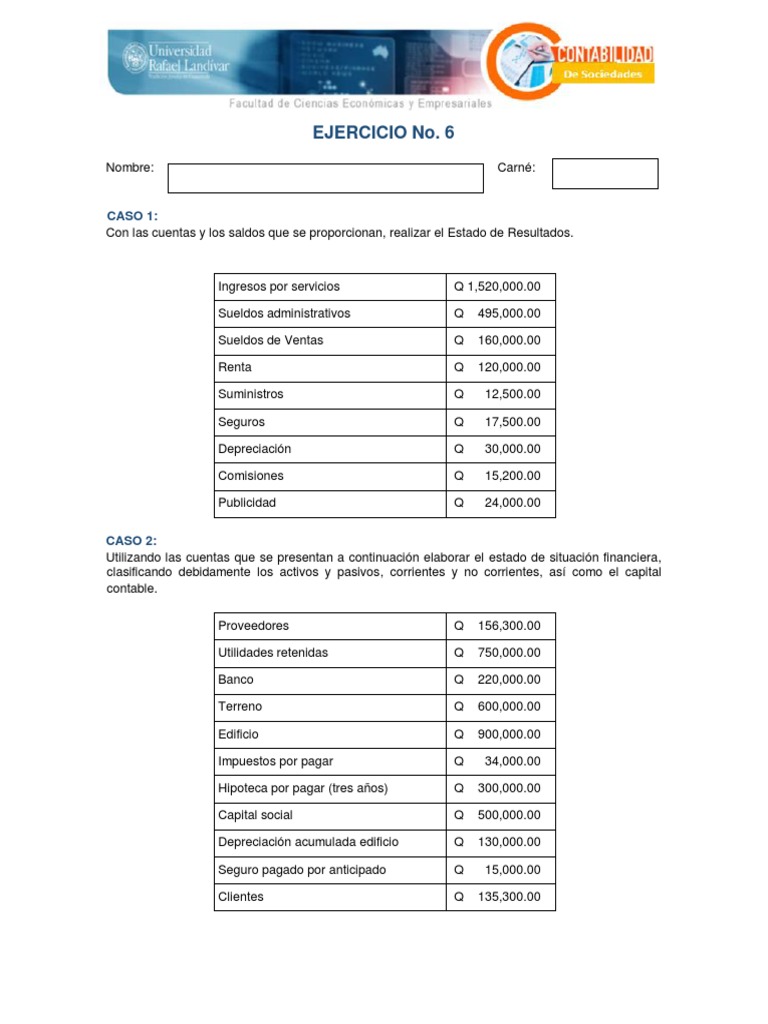 Ejercicio No. 6 Estados Financieros | PDF | Contabilidad | Estado de resultados