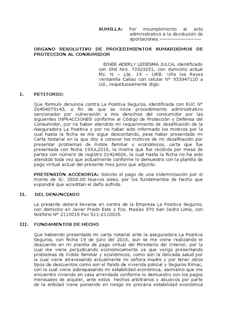 Modelo de Denuncia Ante Indecopi | Descargar gratis PDF | Gobierno ...