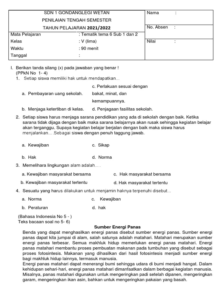 SOAL PTS TEMA 6 SUB 1 DAN 2 Kelas 5 SMT 2 | PDF