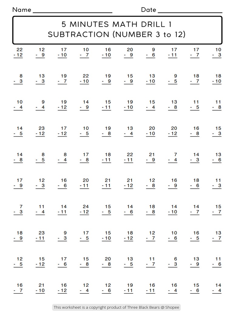 5-Minute Subtraction Drills (3-12) | PDF