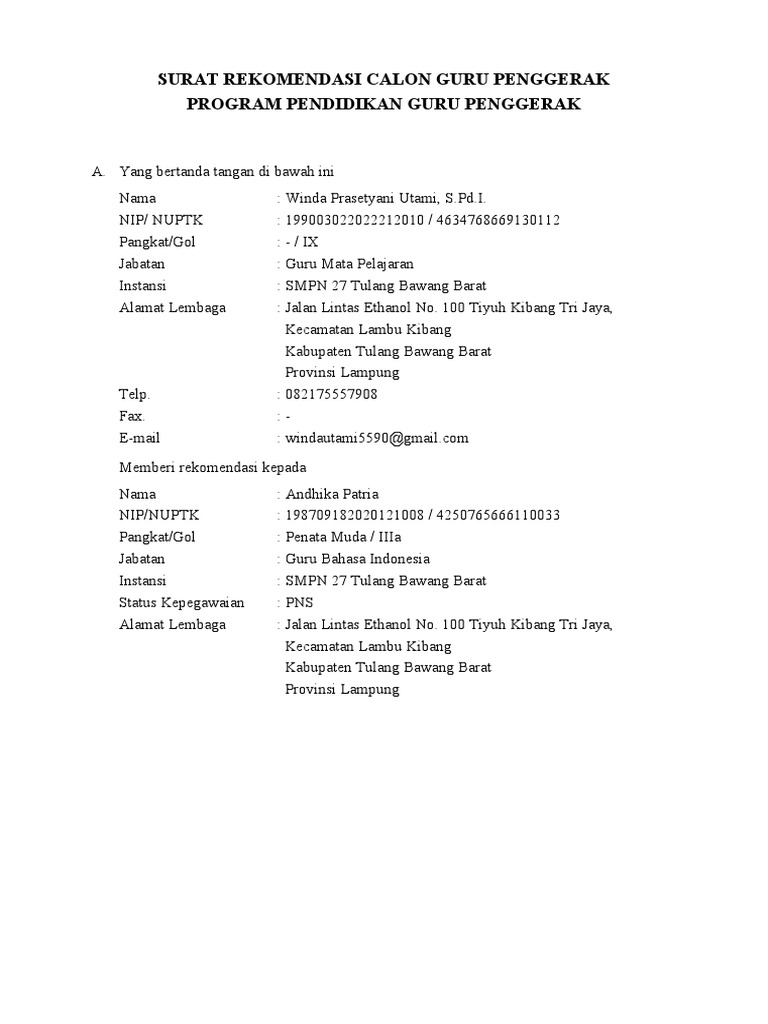 Surat Rekomendasi Calon Guru Penggerak | PDF
