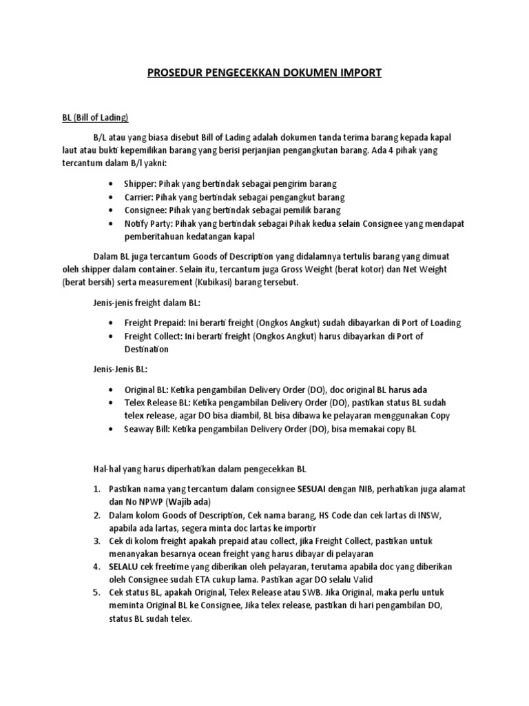 Prosedur Pengecekkan Doc Import | PDF