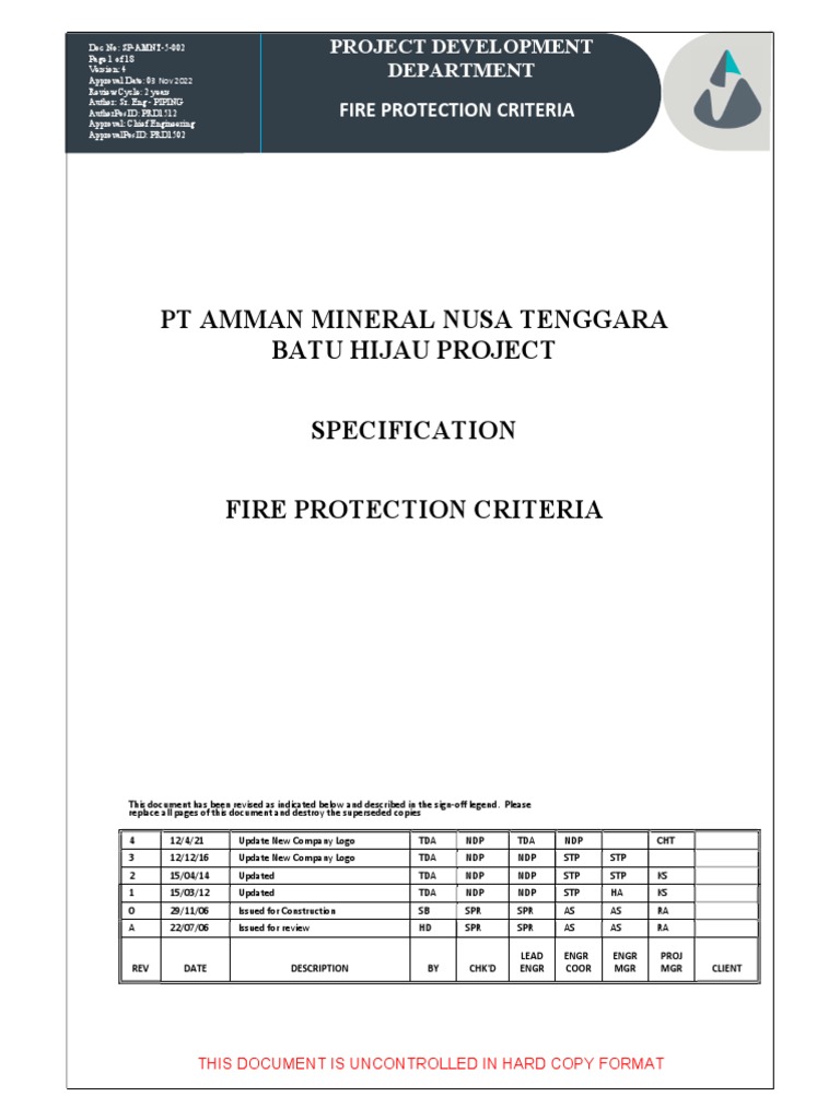 PT Amman Mineral Nusa Tenggara Batu Hijau Project Specification Fire Protection Criteria | PDF ...