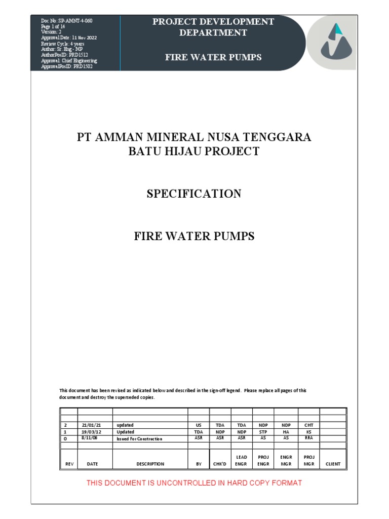 PT Amman Mineral Nusa Tenggara Batu Hijau Project: Project Development Department Fire Water ...