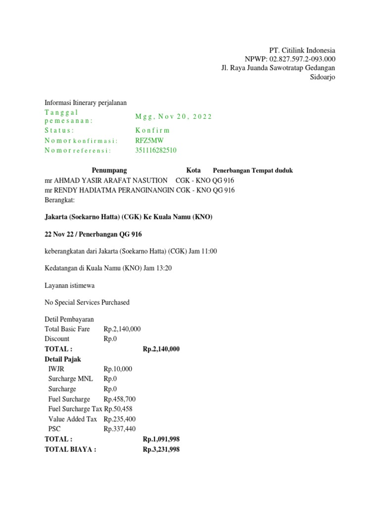 Ahmad Yasir Arafat Nasution Rendy Hadiatma Perangin Angin CGK Kno 22 Nov 2022 | PDF