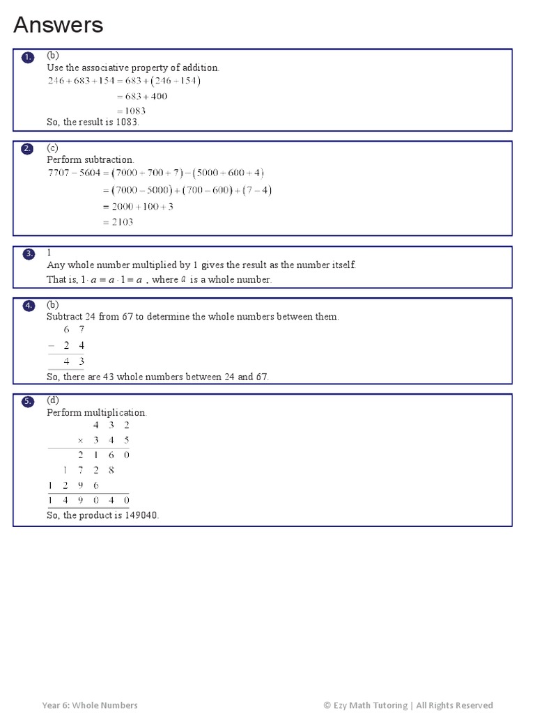 Year 6 Maths Tests - Whole Numbers - Answers | PDF