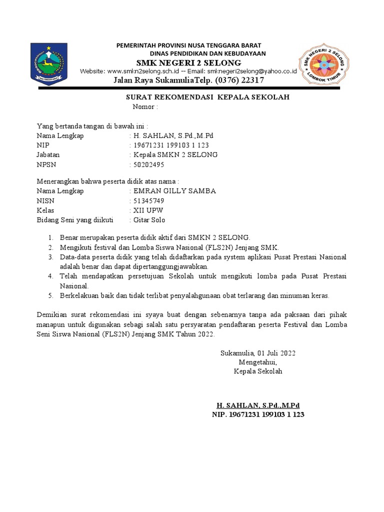 Surat Rekom Kepsek Fls2n | PDF