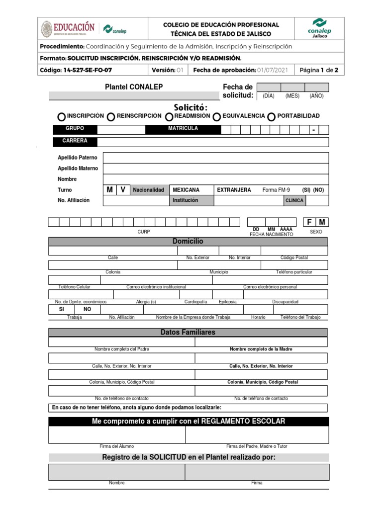 Solicitud de Inscripción CONALEP | PDF