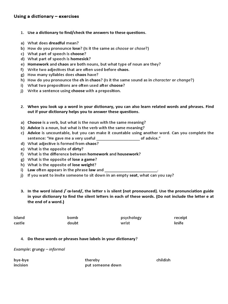 Dictionary Exercises and Pronunciation Guide | PDF | Foreign Language ...