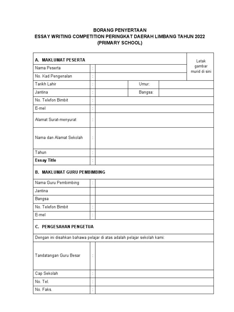 Borang Penyertaan Essay Writing Competition | PDF