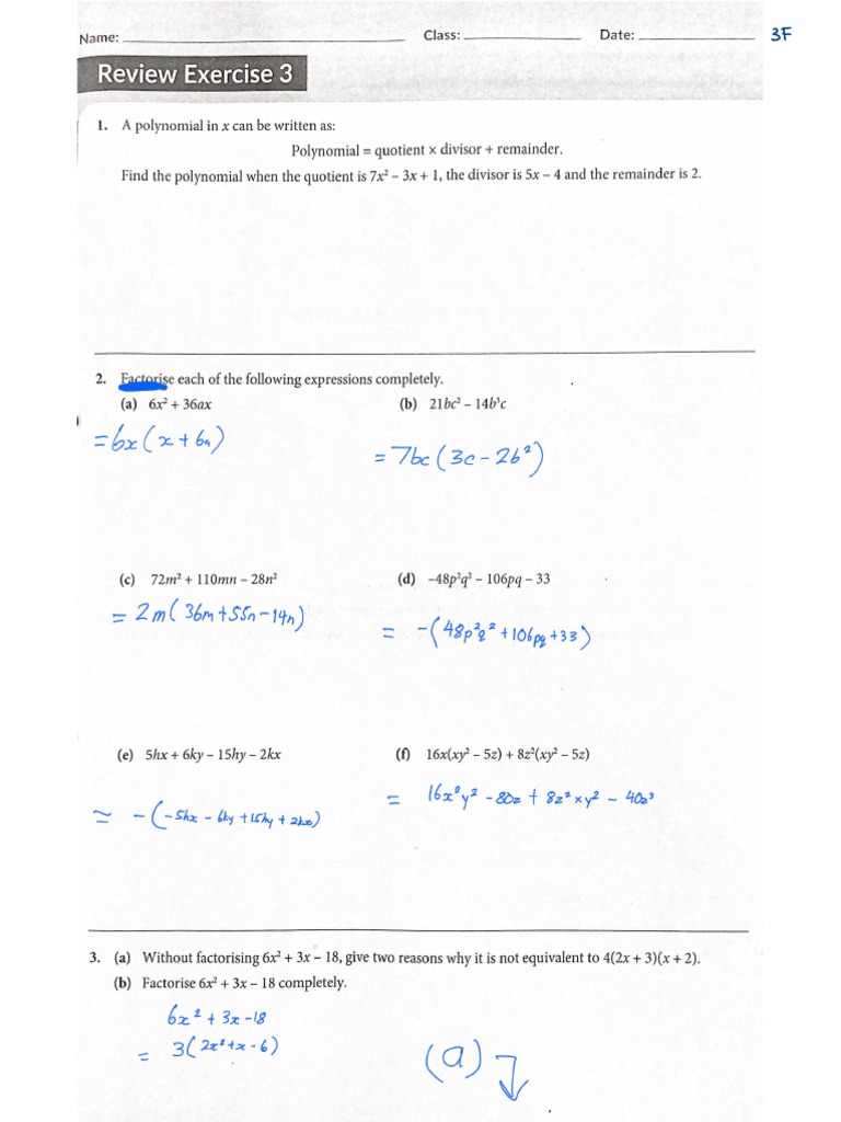 3G Review Exercise | PDF | Factorization | Area
