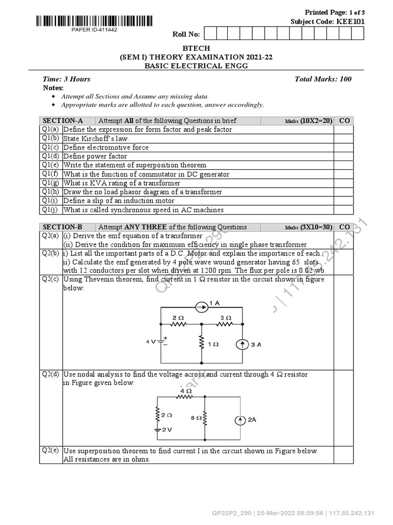 Basic Electrical Engg Kee 101 | PDF | Electric Motor | Transformer
