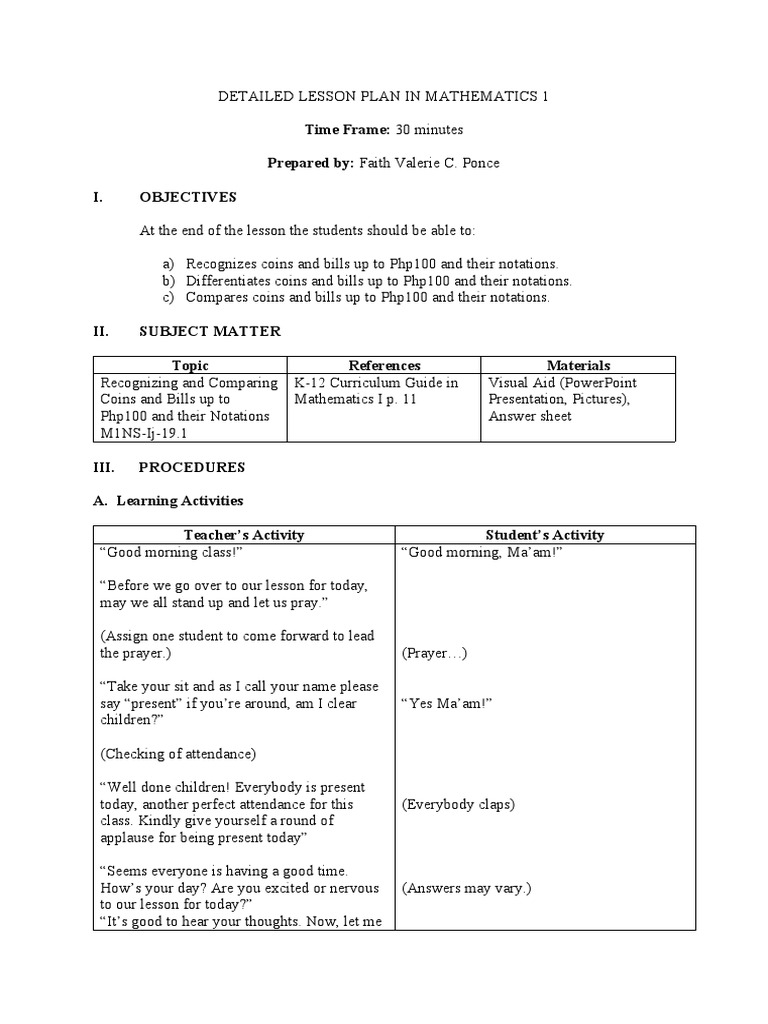 DETAILED LESSON PLAN IN MATHEMATICS 1-Ponce | Download Free PDF ...