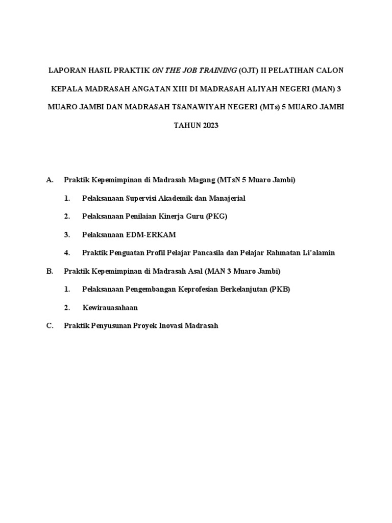 Laporan Hasil Praktik On The Job Training Yusran | PDF
