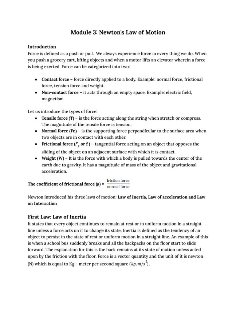 Module 3 Newton's Law of Motion | PDF | Force | Rotation Around A Fixed ...