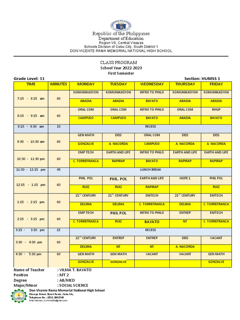 Republic of The Philippines: Grade Level: 11 Section: HUMSS 1 | PDF | High Schools And Secondary ...