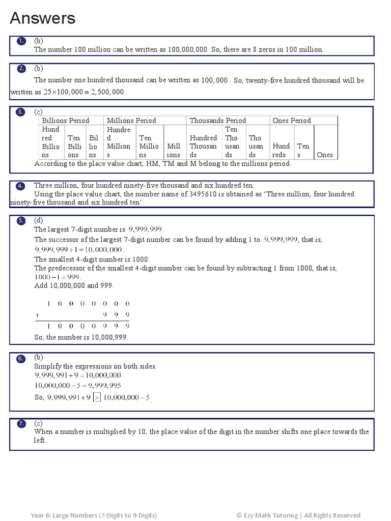 Year 6 Maths Test - Large Numbers (7-Digit To 9-Digits) - Answers | PDF ...
