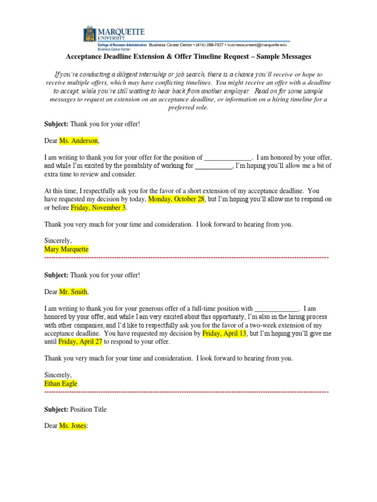 Acceptance Deadline Extension and Offer Request Letters | PDF