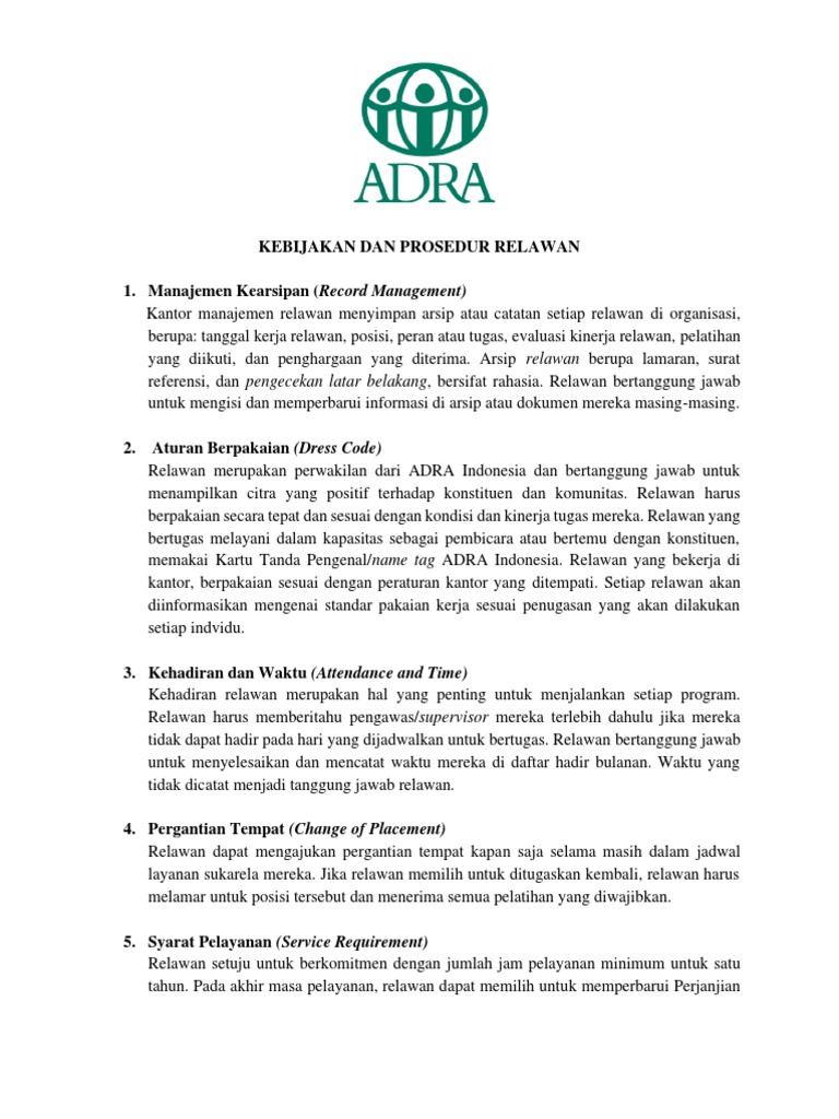 Kebijakan Dan Prosedur Relawan | PDF
