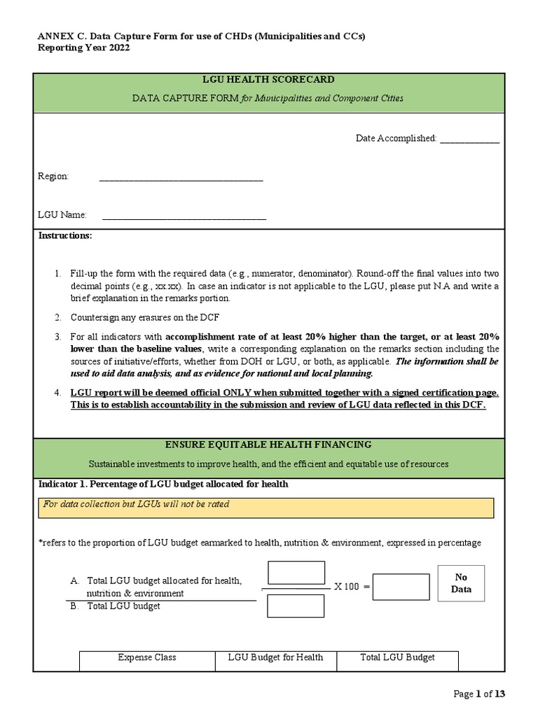 Annex C Data Capture Form For Use Of Chds Municipalities And Ccs