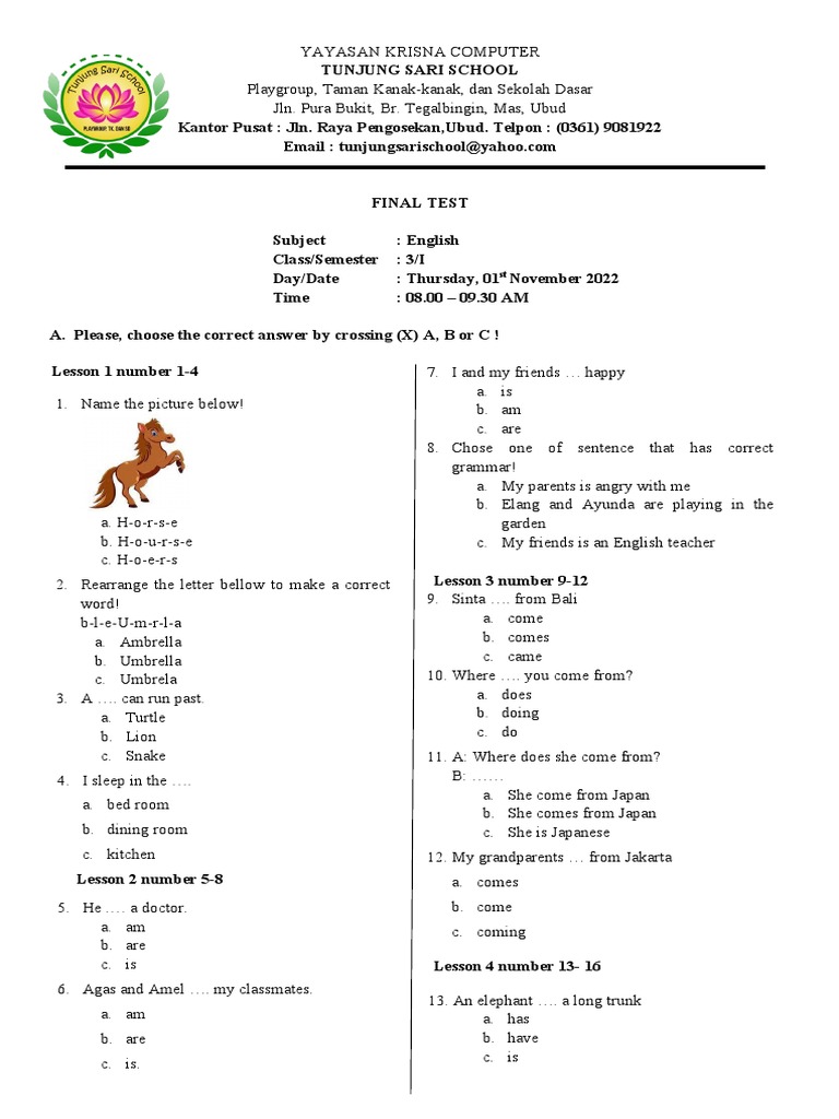 English Final Test for Grade 3 Students | PDF