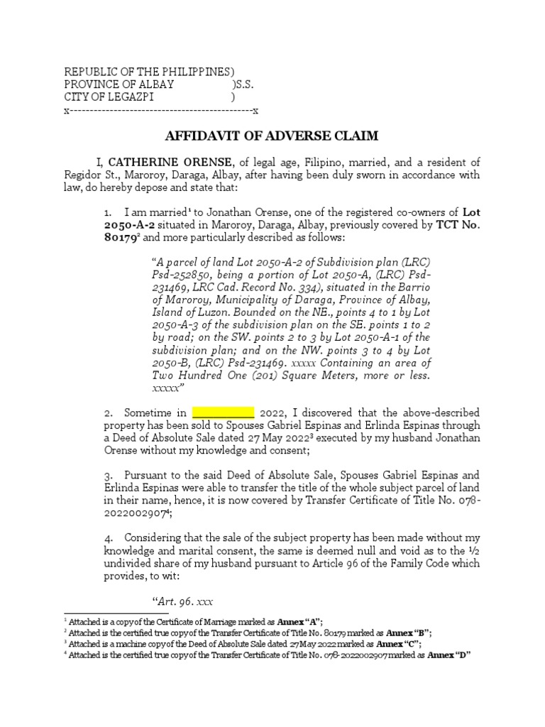 Affidavit of Adverse Claim-Orense | PDF | Social Institutions | Private Law