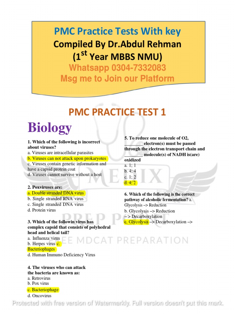 PMC'S Mock Test 2022 | PDF | Ion | Dominance (Genetics)