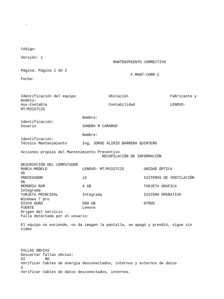 Formato de Mantenimiento Correctivo Ejemplo | PDF | Bios | Software