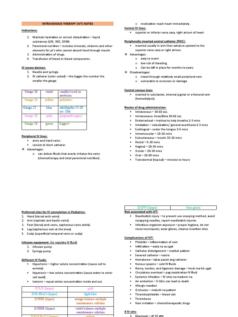 Intravenous Therapy (Ivt) Notes | PDF | Intravenous Therapy | Health Care