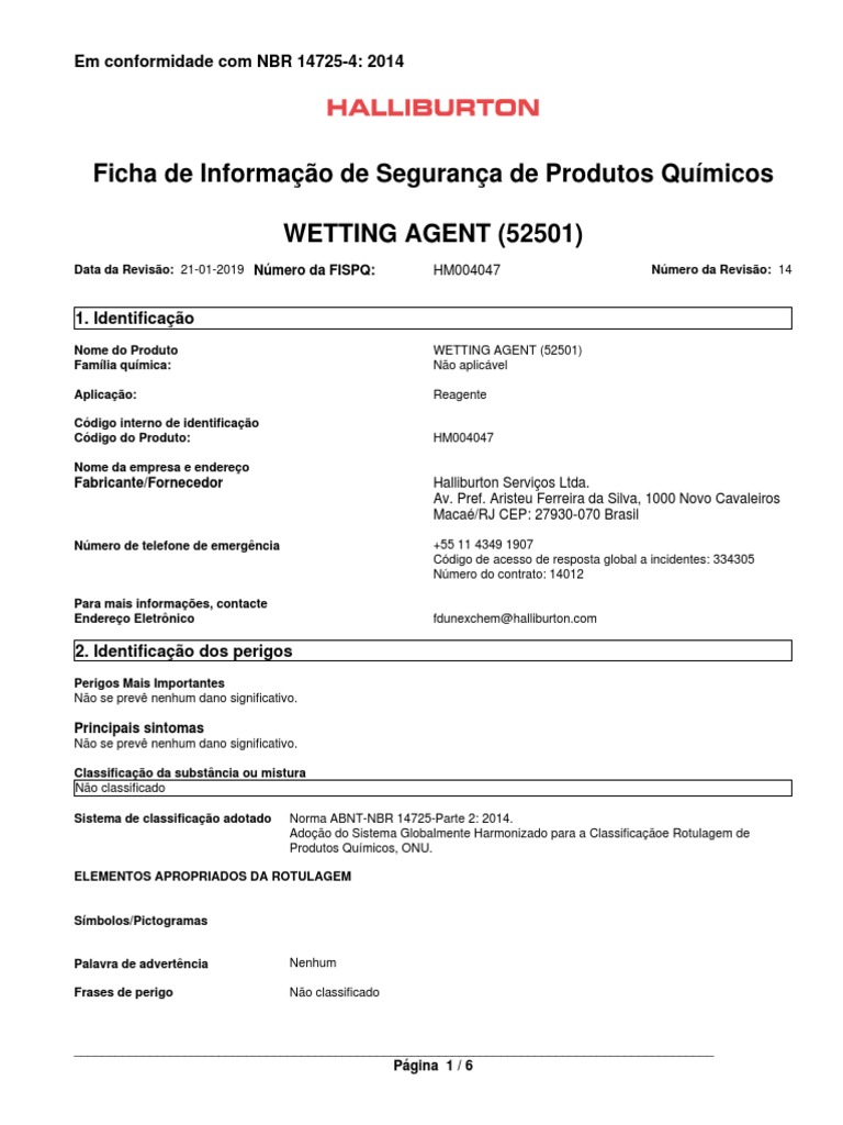 FISPQ - WETTING AGENT 52501 - Rev2019 | PDF | Solubilidade | Primeiros ...