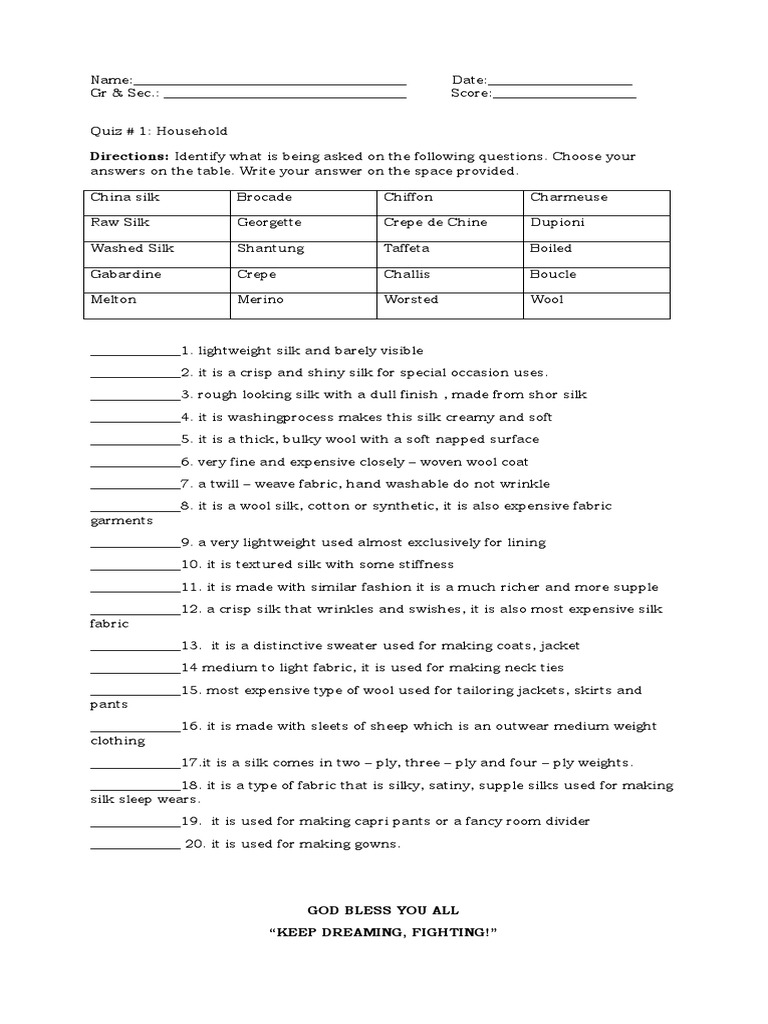 Quiz Grade 9 | PDF | Textiles | Wool