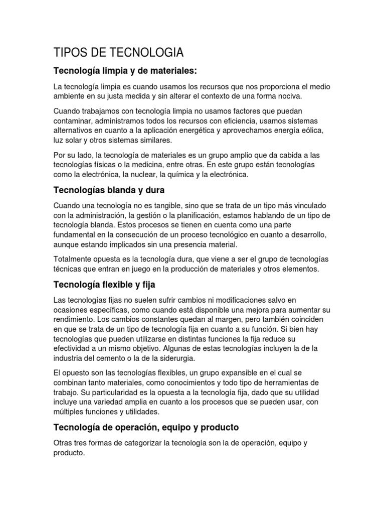 Tipos de Tecnologia | PDF | Tecnología limpia | Herramientas