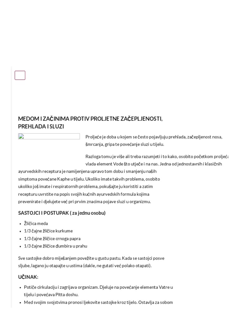 Medom I Začinima Protiv Proljetne Začepljenosti, Prehlada I Sluz | PDF