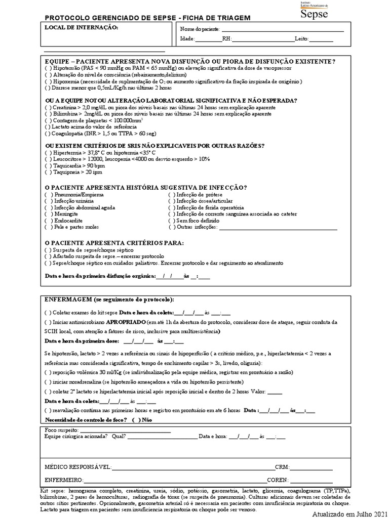 Ficha-Triagem-Uti ILAS | PDF | Sepse | Emergências médicas