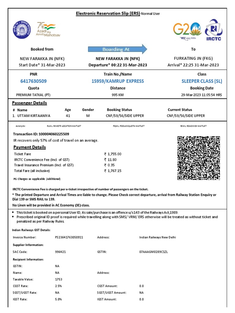 Electronic Reservation Slip for a Sleeper Class Ticket on the Kamrup ...