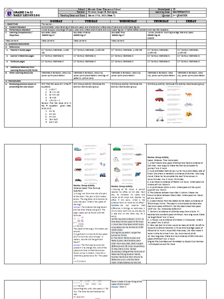 Math6 - DLL - 3RD Quarter - Week 7 | PDF | Speed | Time