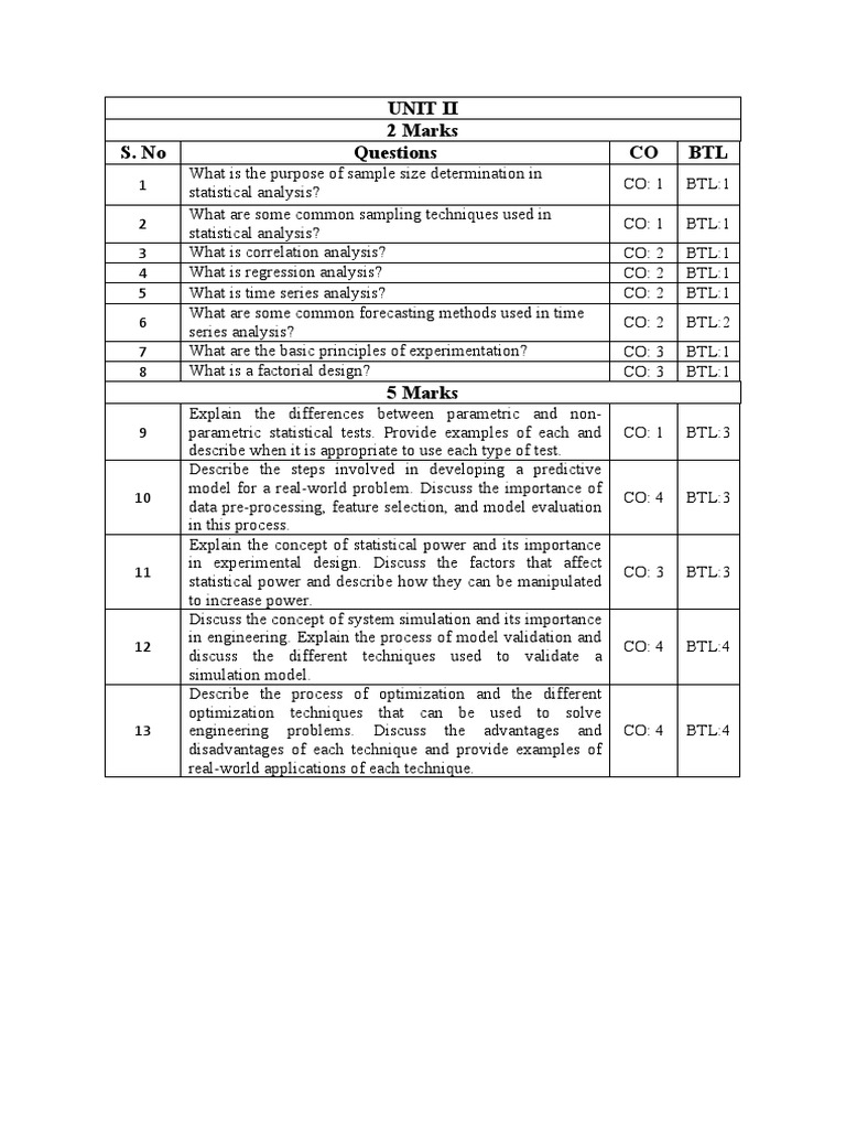 Unit Ii 2 Marks S. No Questions CO BTL | PDF | Statistics | Conceptual Model