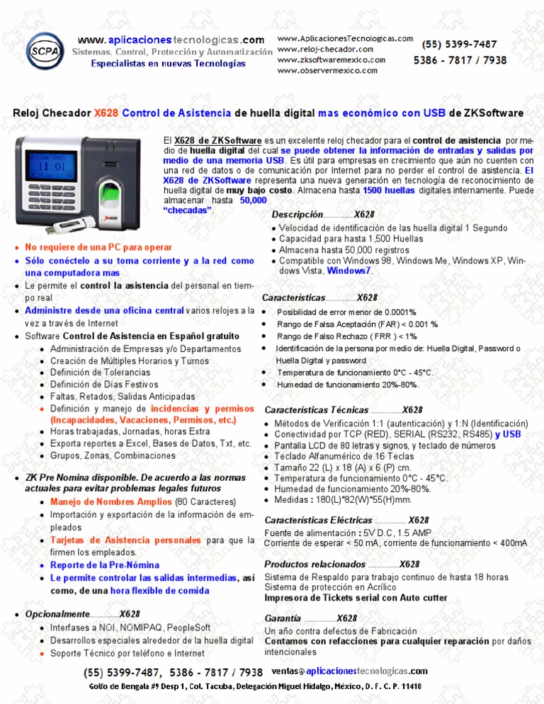 ZKSoftware X628 Reloj Checador Con USB Huella Digital MAS Economico | PDF | USB | Soporte técnico