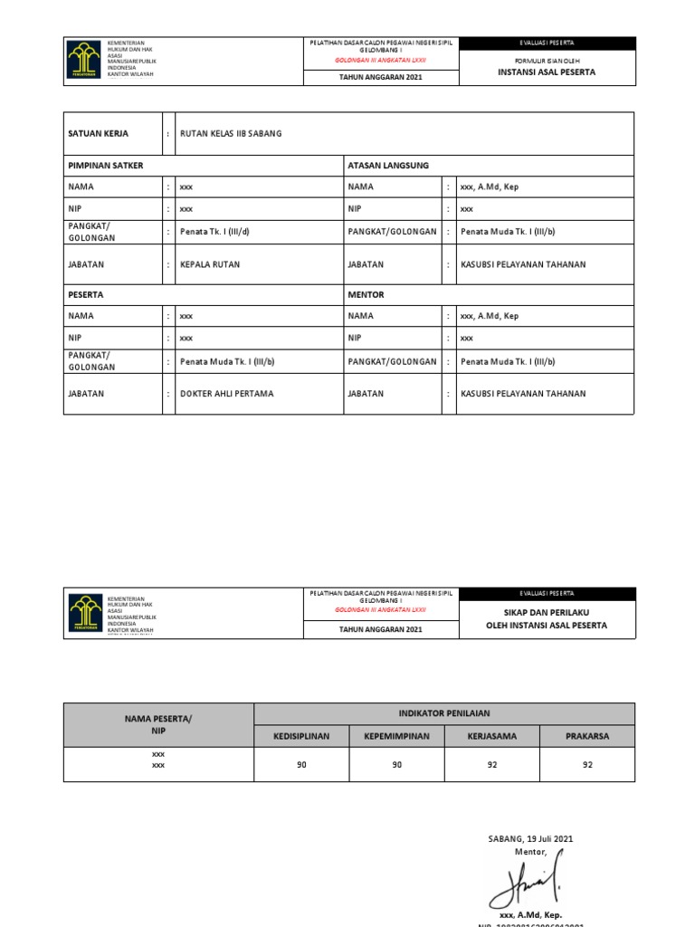ISIAN INDIVIDU 01- FORM PENILAIAN PESERTA oleh instansi asal | PDF