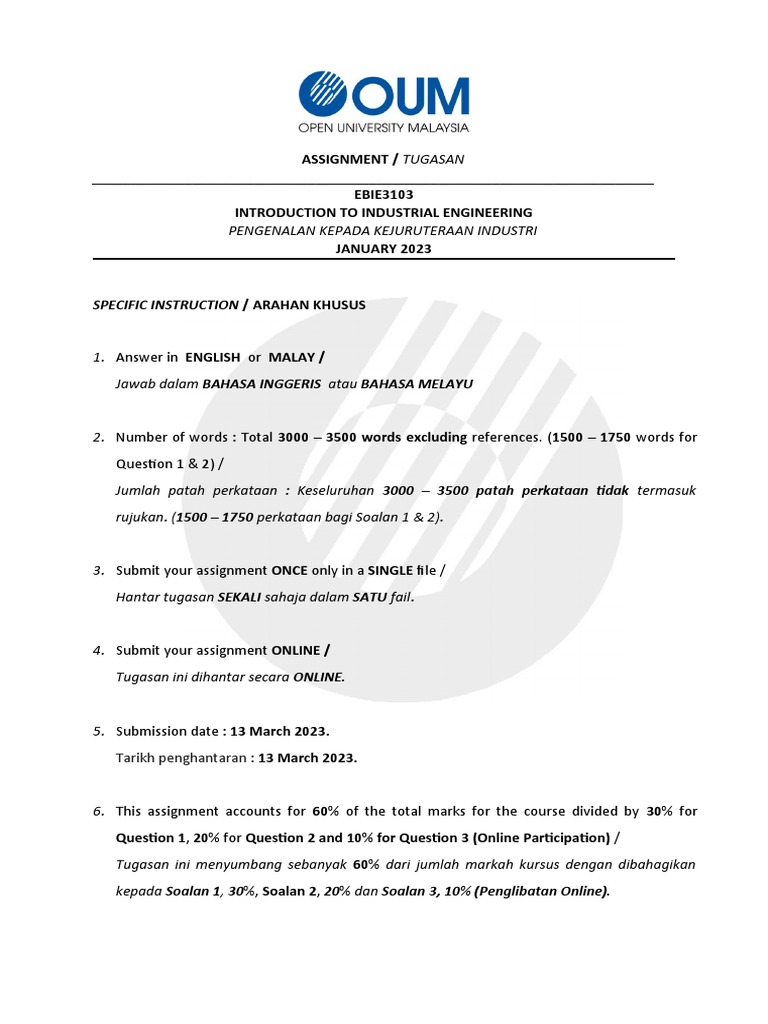 Assignment / Tugasan EBIE3103 Introduction To Industrial Engineering JANUARY 2023 | PDF ...