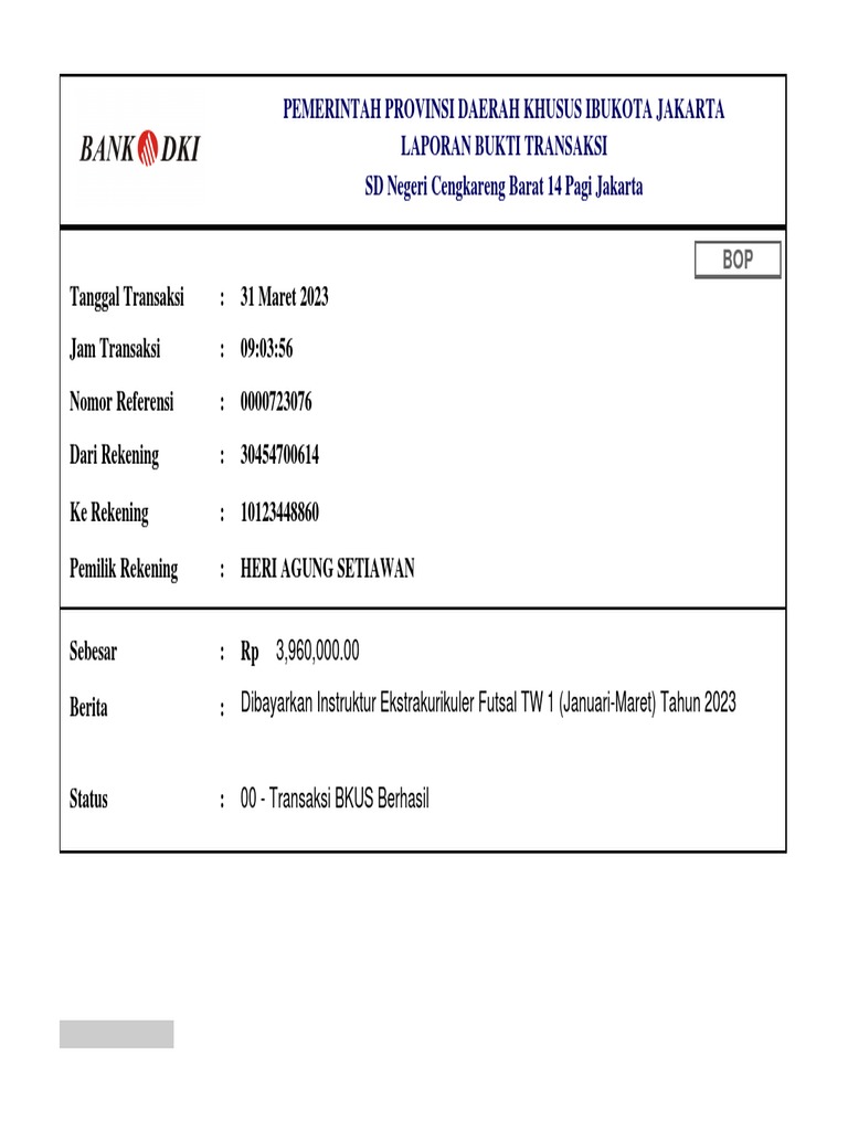 Riwayat Transaksi Dana SD Cengkareng 2023 | PDF