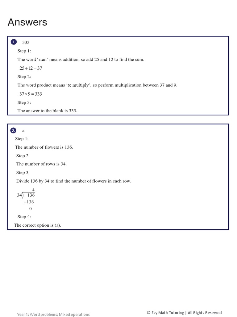 Year 4 Maths Test - Word Problems Mixed Operations - Answers | PDF ...