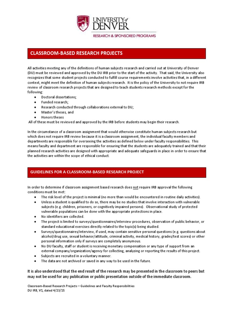 2020-2021 Classroom-Based Research Projects Guidance | PDF | Institutional Review Board