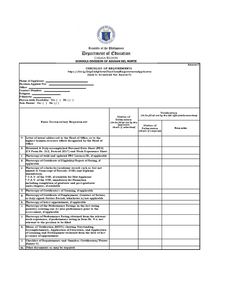2022 DepEDAgNorte - Annex C - Checklist of Requirements | PDF