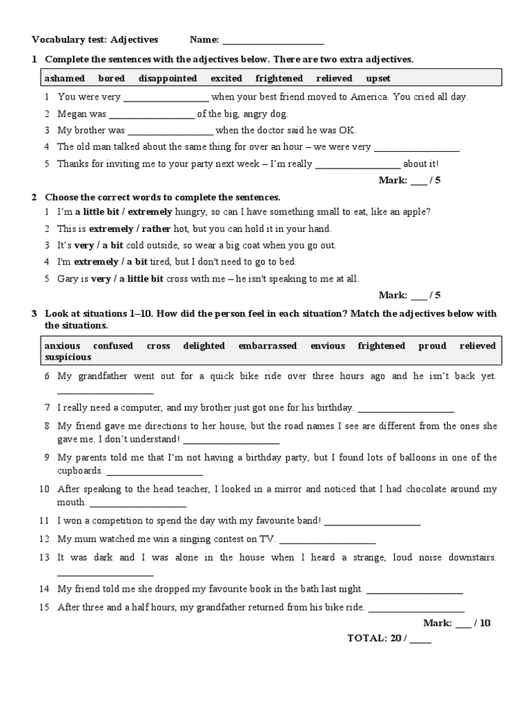 Adjective Vocabulary Test | PDF