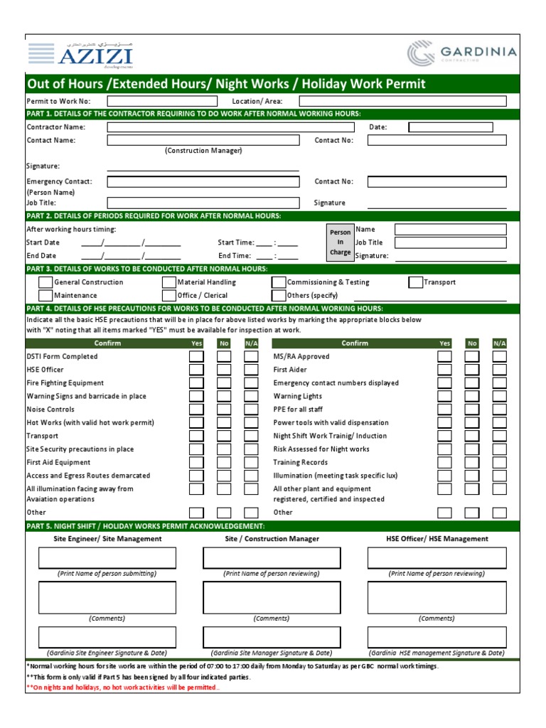 Night Work Permit Application Template | PDF | Safety